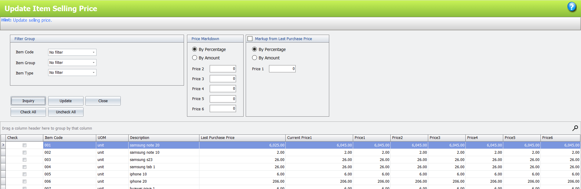 Update Item Selling Price - Presoft (M) Sdn Bhd